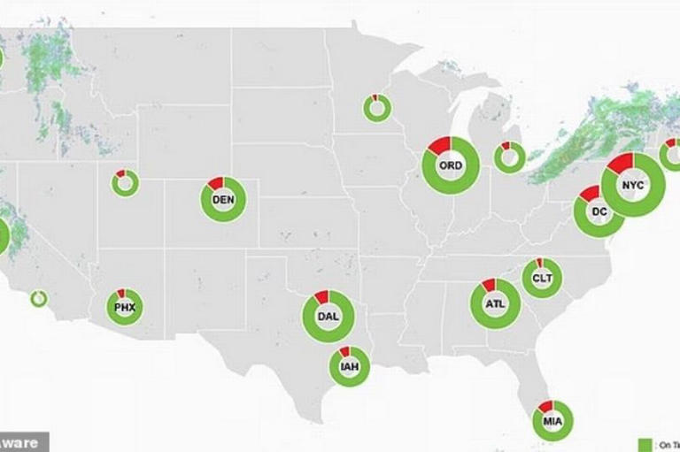 Thanksgiving travel chaos as misery map shows delays in 40 US airports