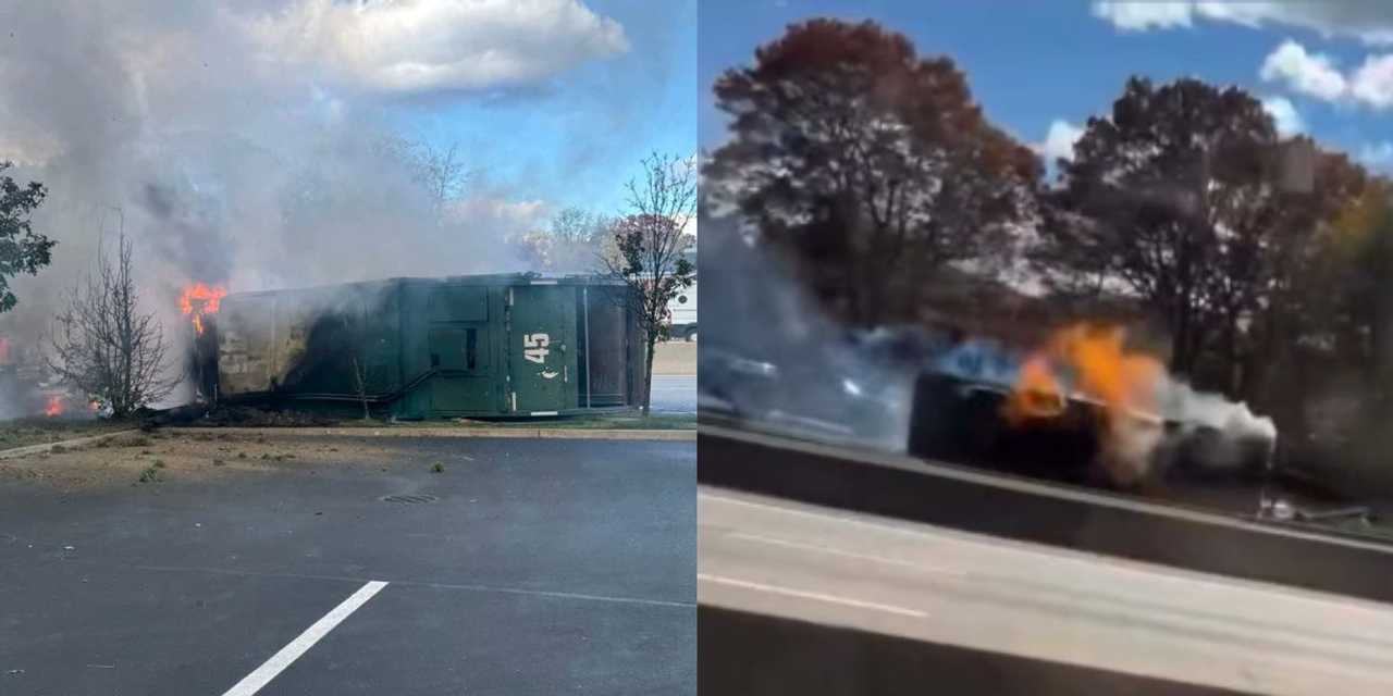 Garbage Truck Overturns, Catches Fire on Sunrise Highway
