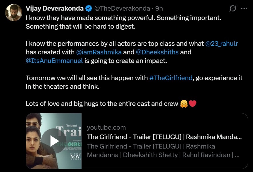 Vijay Deverakonda thrilled for Rashmika's The Girlfriend release: It's powerful