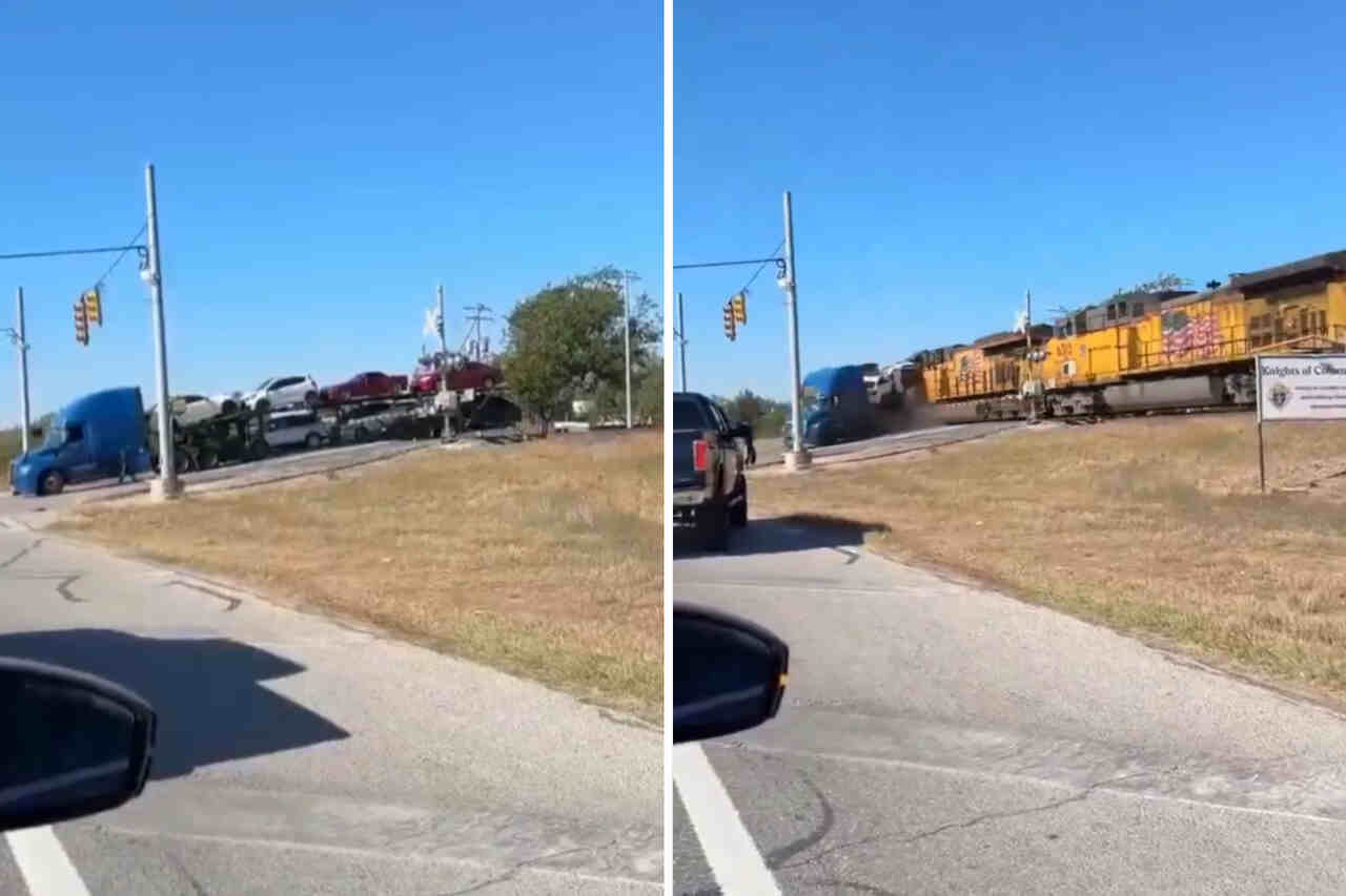 Tense video shows train colliding with car carrier truck stopped on tracks