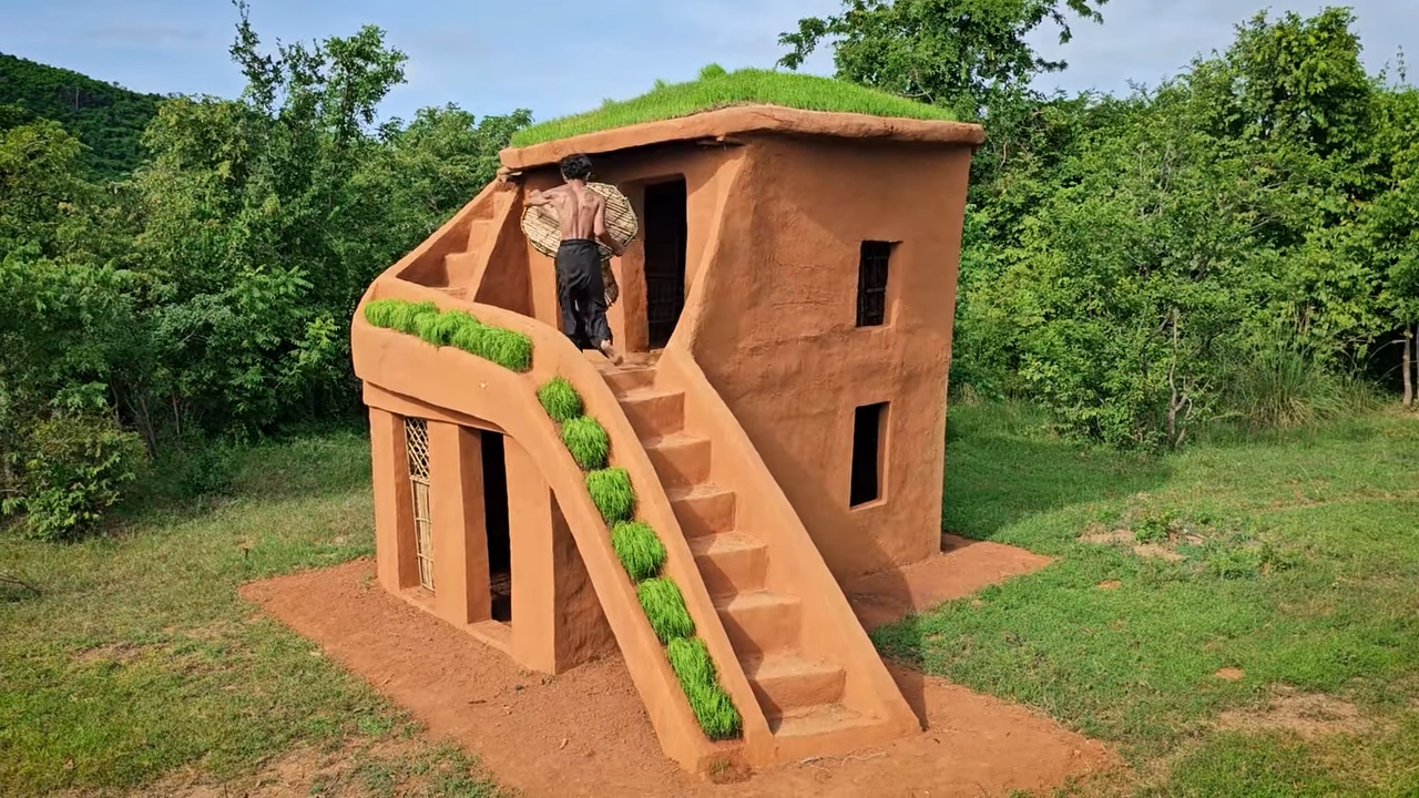 A $0 hand built mud cabin with rice growing roof more unique than any ...