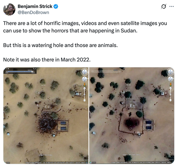 This Google Earth image doesn't show piles of bodies in Sudan