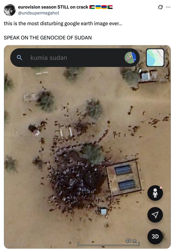 This Google Earth image doesn't show piles of bodies in Sudan