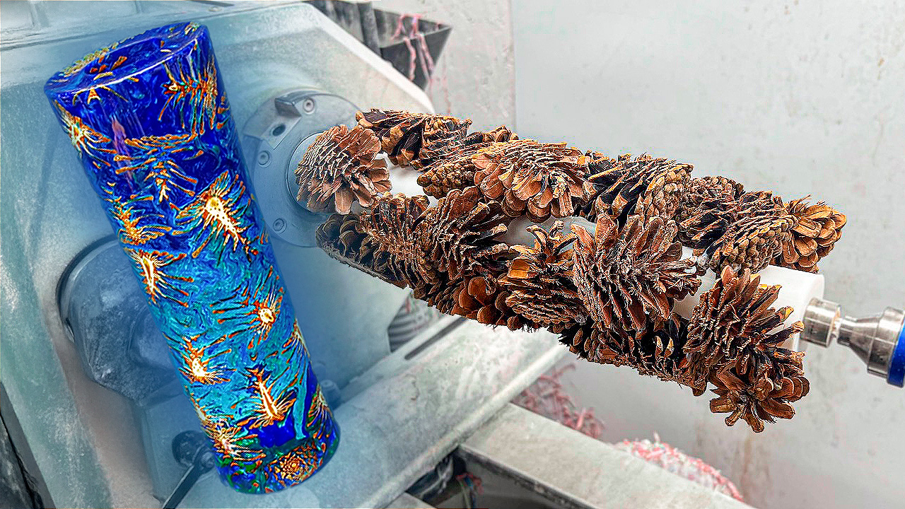 Woodturning pinecones in epoxy resin into a functional vase