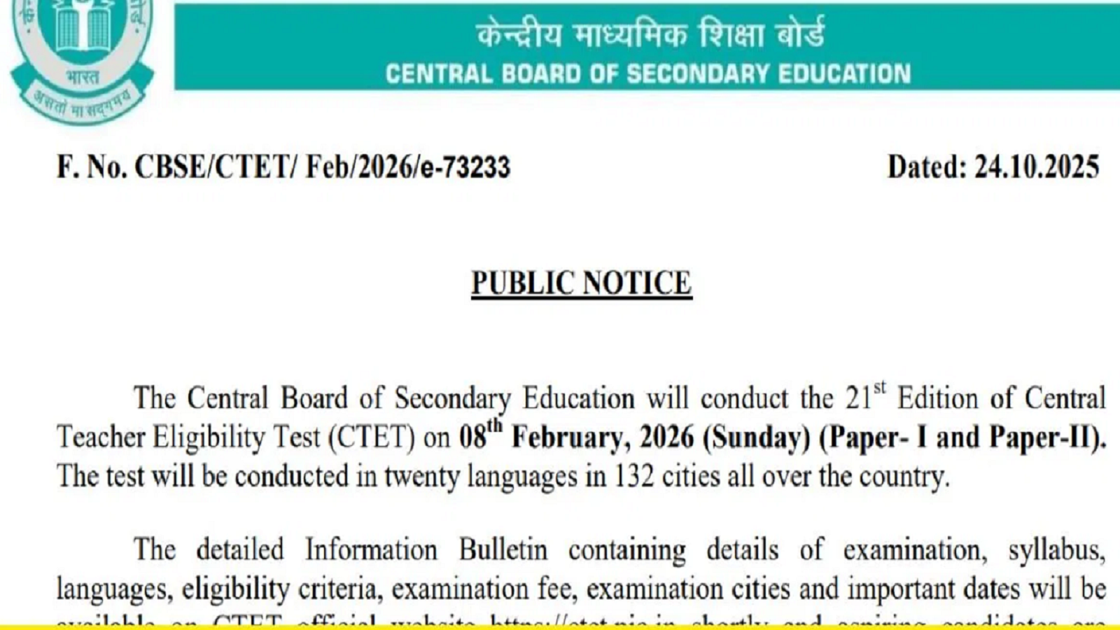 CBSE CTET 2026 Announced: Exam on February 8, to Be Held in 132 Cities ...