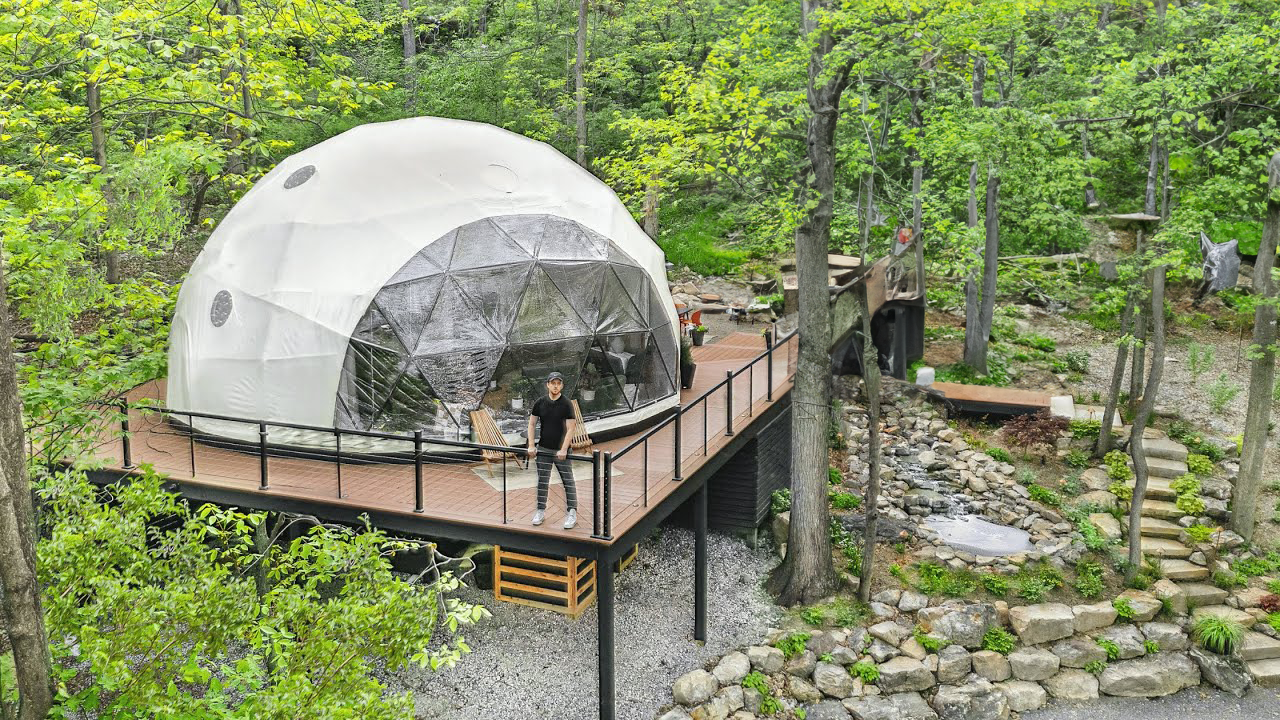 Inside a Luxury Geodesic Glamping Dome with Waterfall
