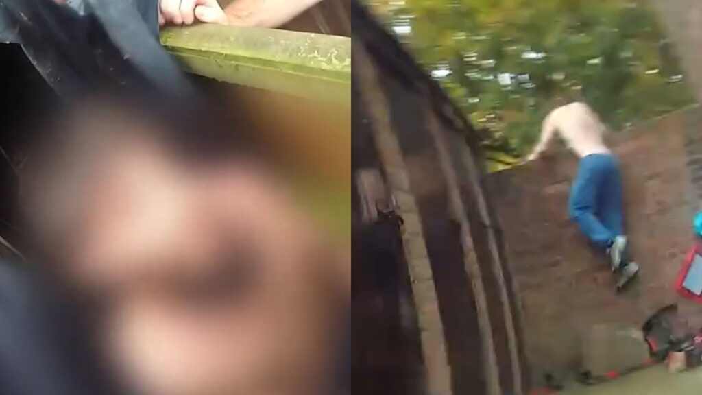 Drone footage shows shirtless burglar jump out window amid police chase