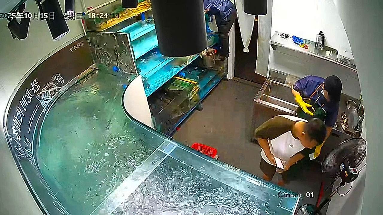 Restaurant fish tank collapses and floods dining area in Fuzhou, China