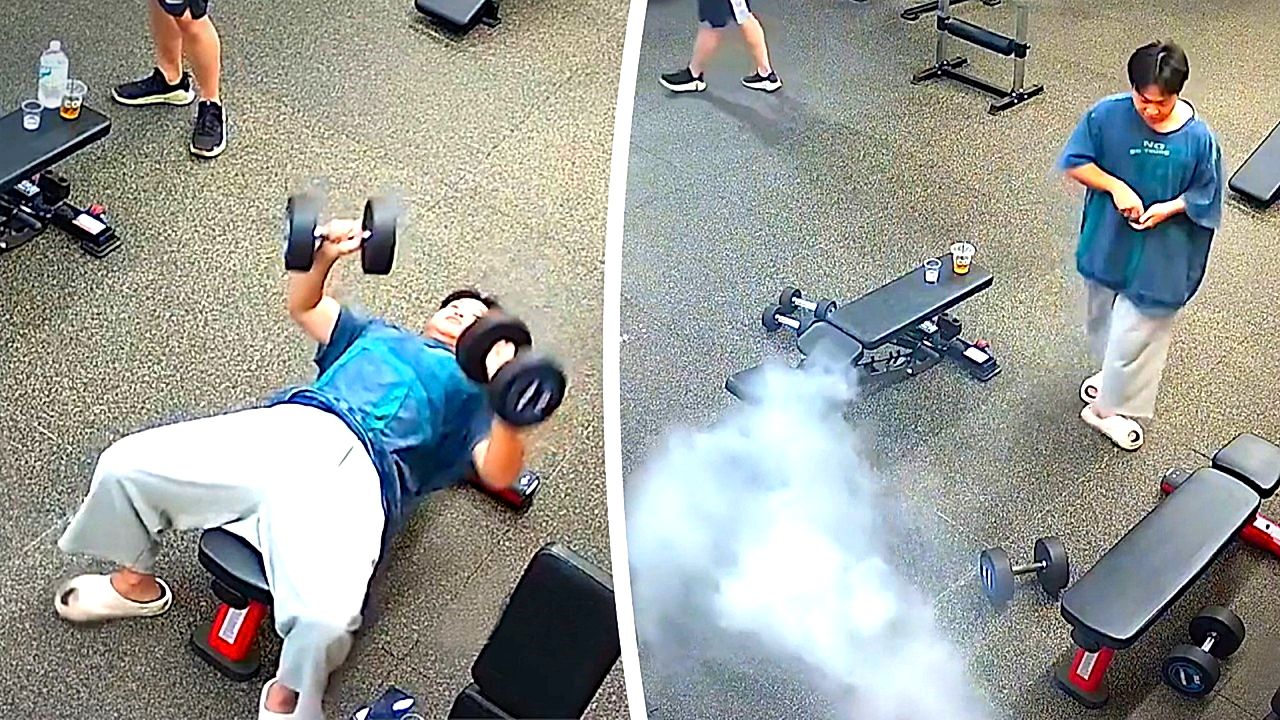 Clumsy gym-goer causes smoky scene after dropping dumbbell on phone