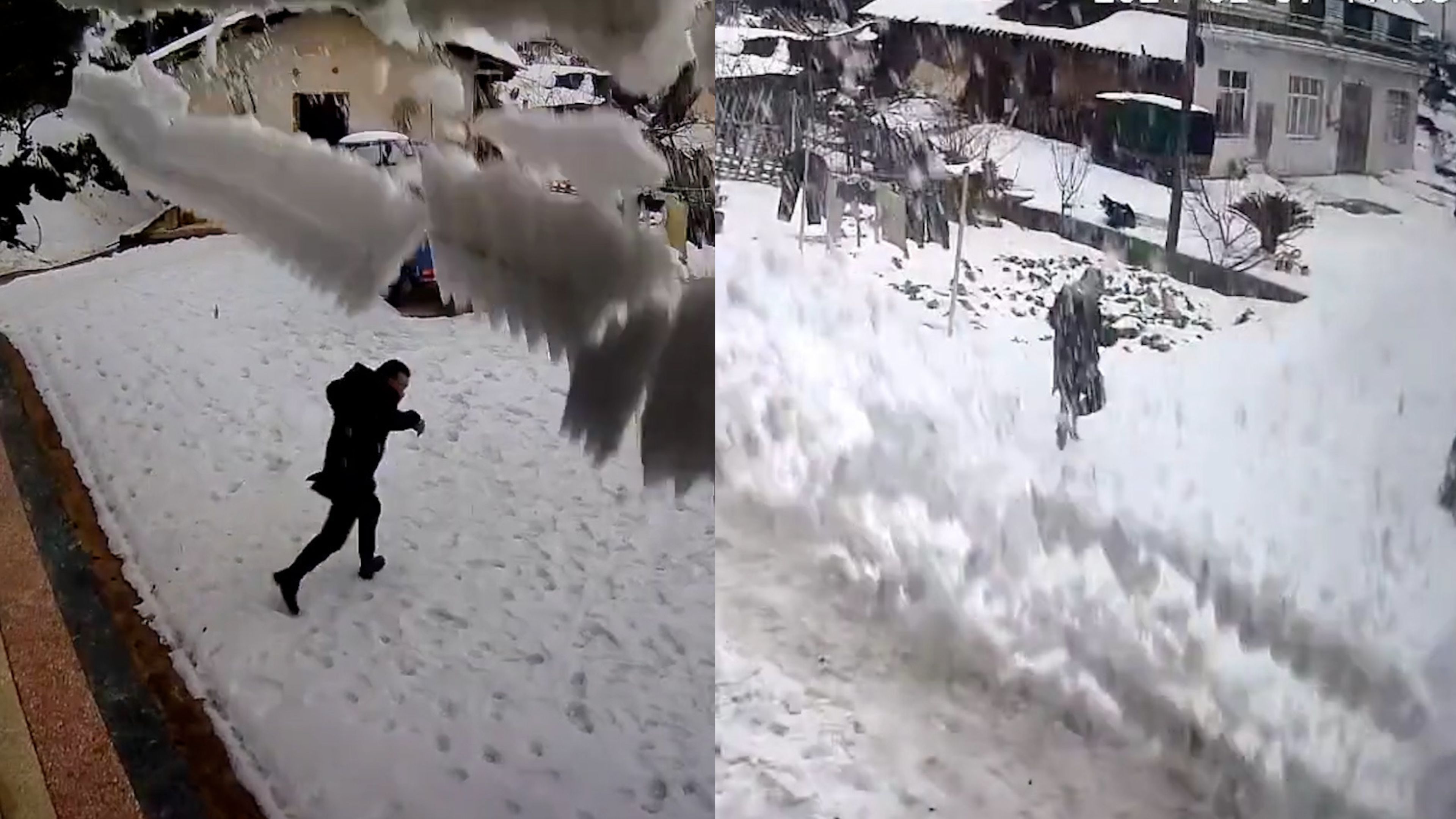 Moment man narrowly escapes being buried by roof snow