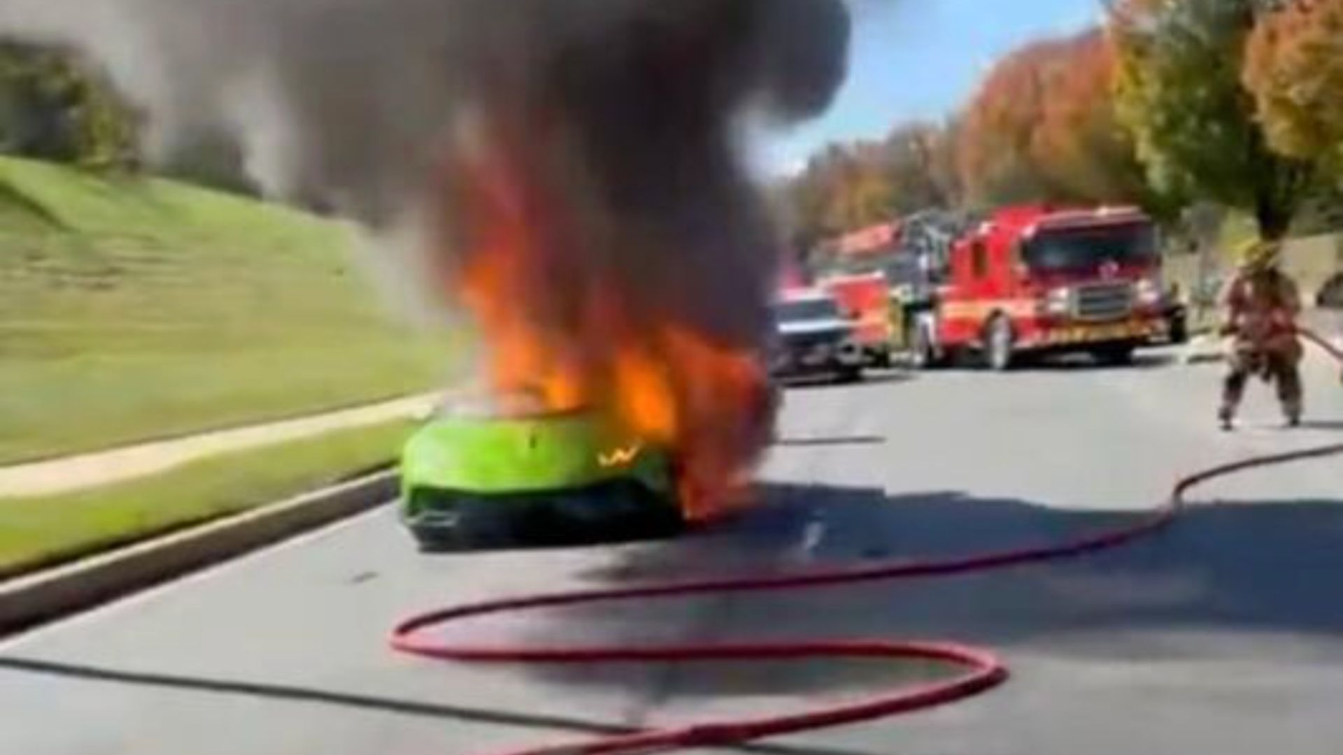 Green Lamborghini Destroyed After Fire Sparks on Busy Germantown Road