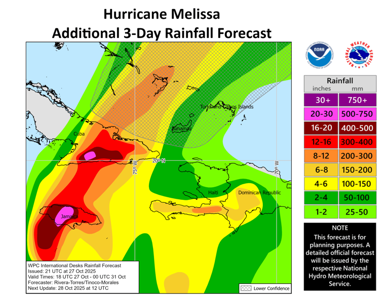 3 maps showing Hurricane Melissa’s track, timing, wind speeds, and rainfall