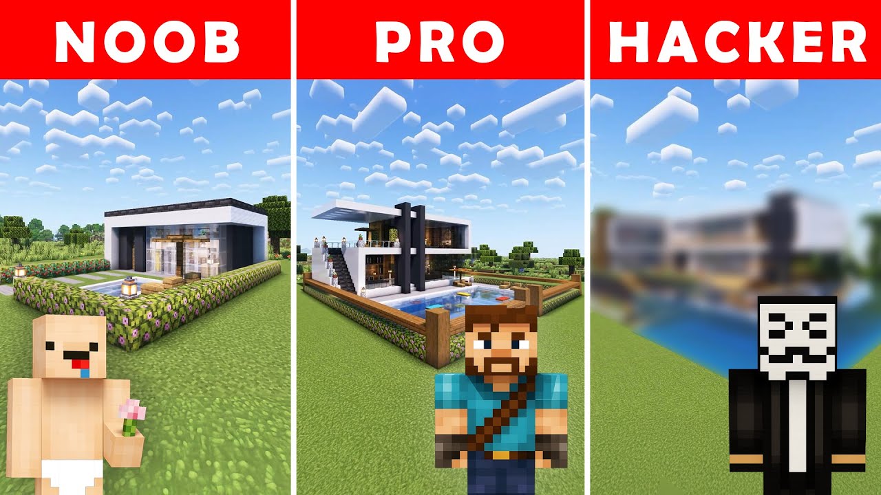 Moderne Villa-uitdaging - Noob vs Pro vs Hacker - Minecraft Builds