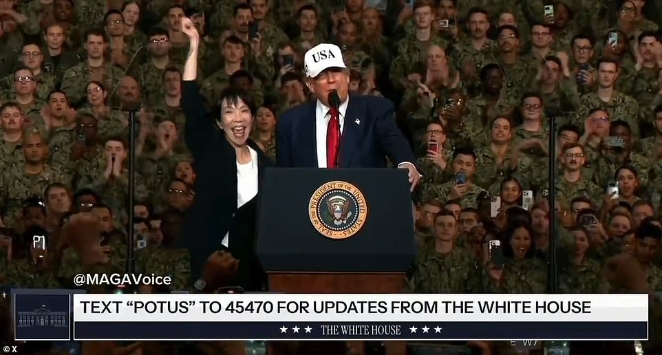 Trump has Japan's prime minister jump for joy at rally for the troops