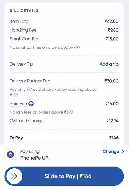Delivery apps double cost for essentials through rain, high demand fee