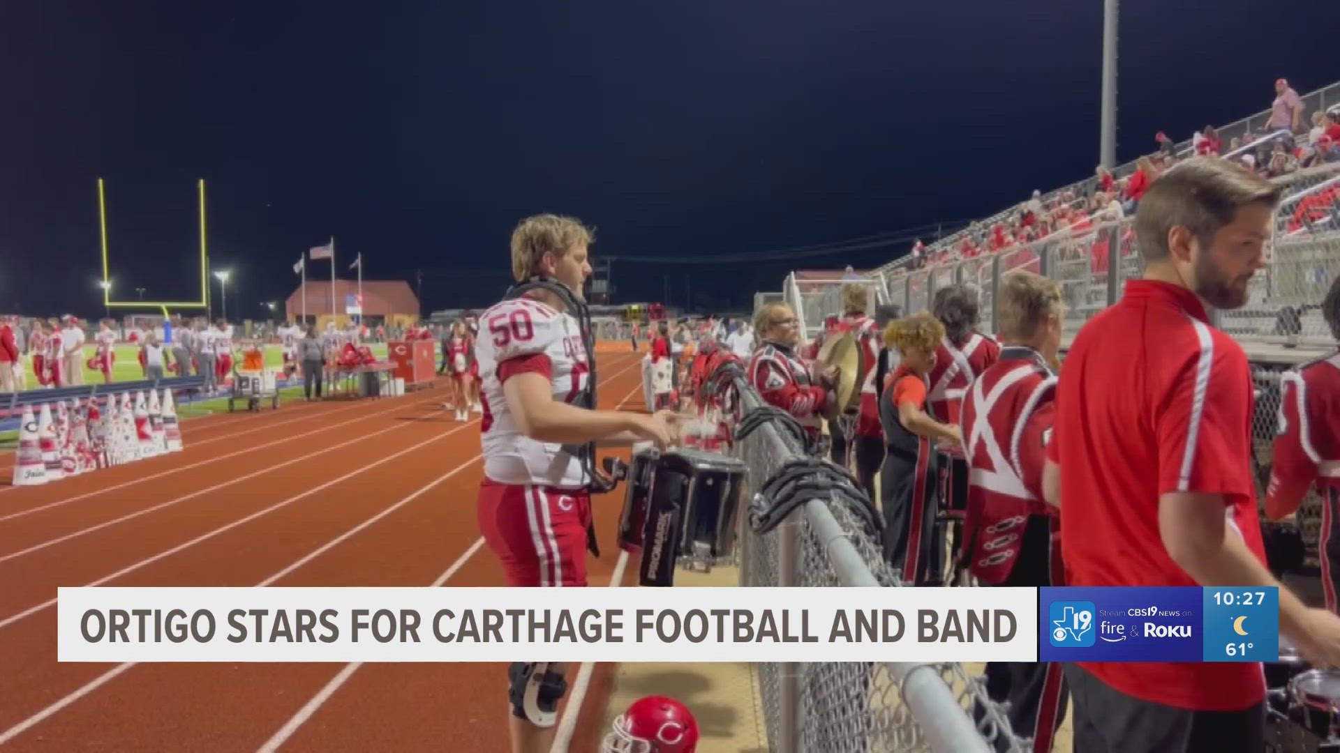 Carthage's Tyler Ortigo doubles as Bulldogs right guard and drum major