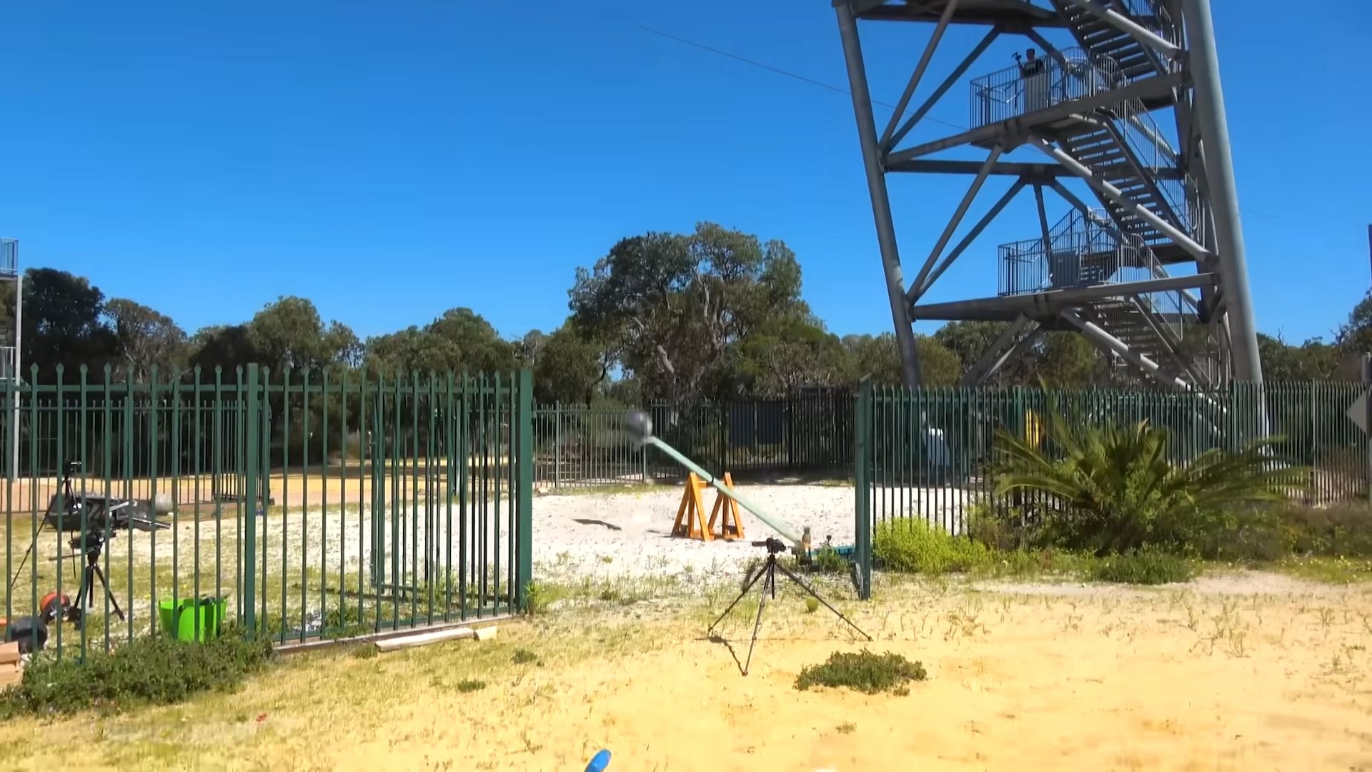 Dropping a wrecking ball onto a seesaw from 45 meters