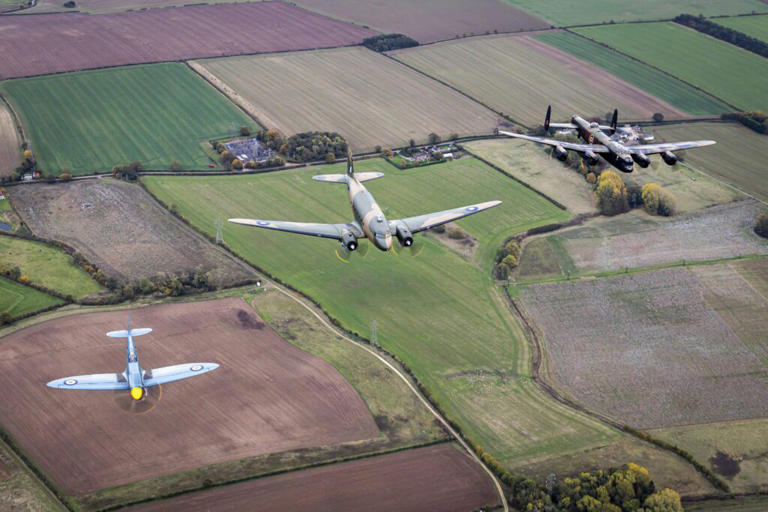 Battle of Britain Memorial Flight as three iconic planes fly in formation