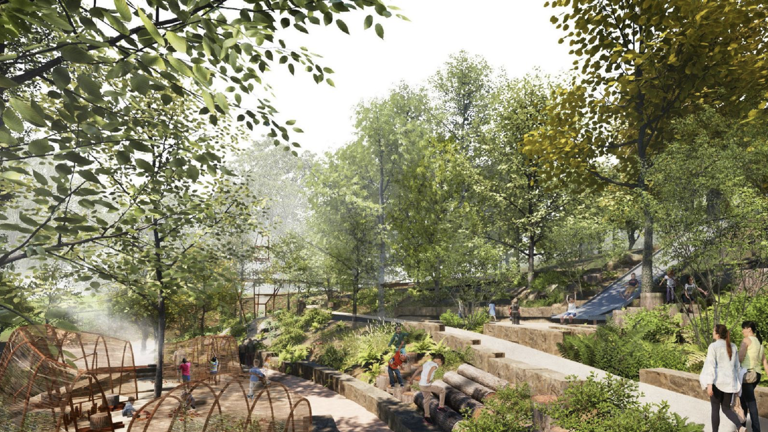 Crystal Bridges building interactive outdoor playscape