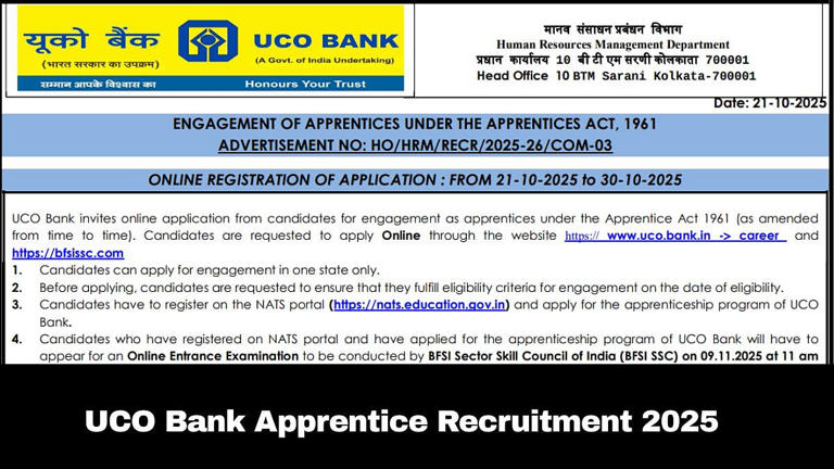 UCO Bank Apprentice Recruitment 2025: Registration Process Ends Soon ...