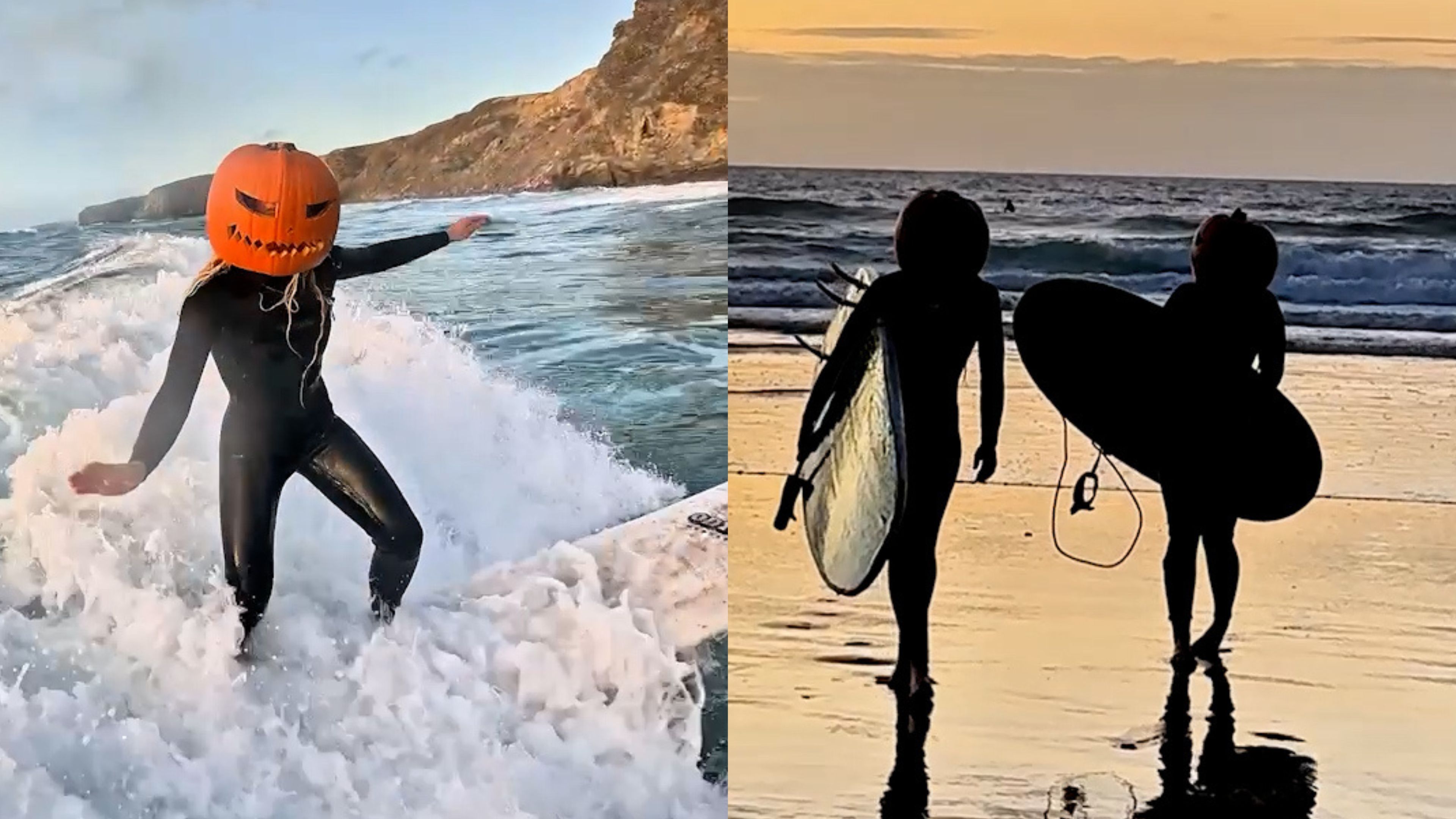 Watch three women surfing with pumpkins on their heads for Halloween