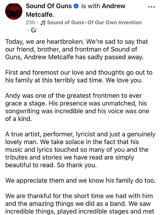 Sound Of Guns singer Andrew Metcalfe dies as his heartbroken bandmates ...