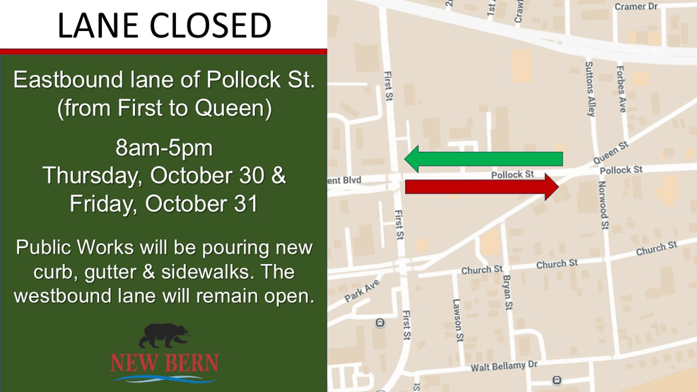 Pollock Street eastbound lane closure set for October 30-31 for curb ...