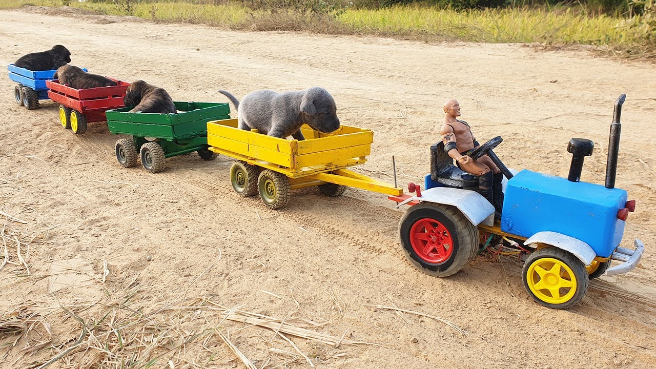 How To Make Mini Tractor From Wood With 4 Trailers and 4 Baby Dogs