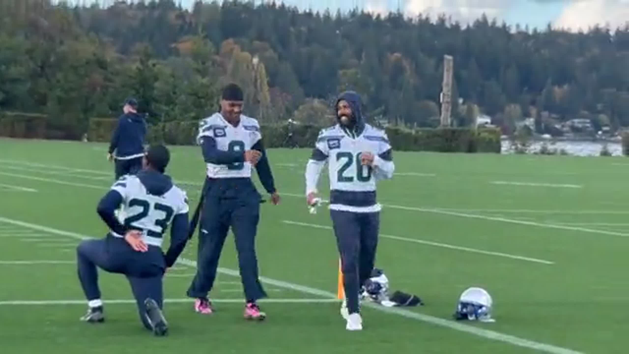 Julian Love in cleats at start of Seahawks practice coming off Seattle ...