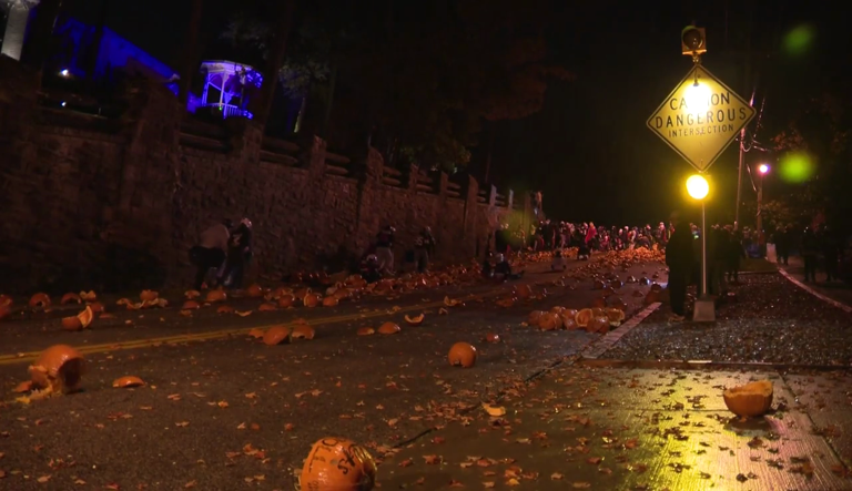 WATCH: Teens gather for annual Chagrin Falls pumpkin roll