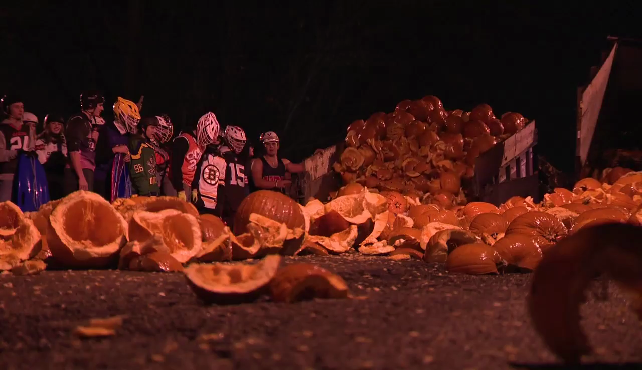 WATCH: Teens gather for annual Chagrin Falls pumpkin roll