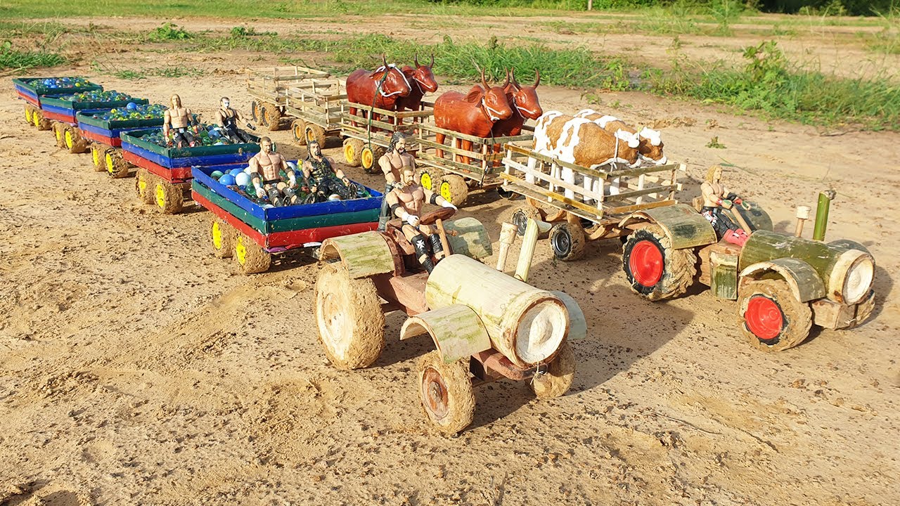 Two long tractors from bamboo with wooden cow and horse - Creative DIY ...