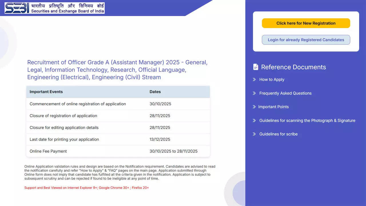 SEBI Grade A 2025 registration begins for Assistant Manager posts ...