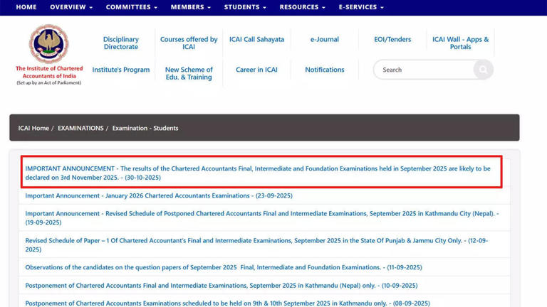 ICAI CA September 2025 results date announced: ICAI confirms timings ...