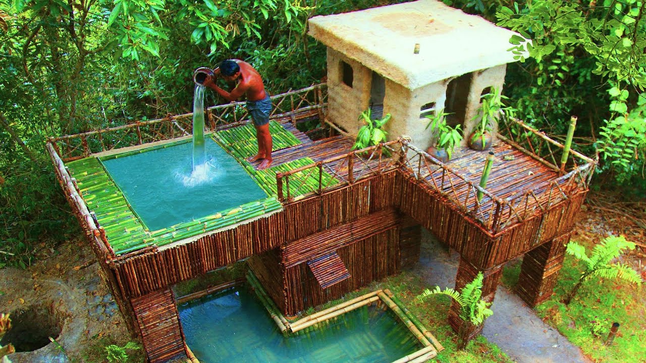 Building an incredible multi-level jungle house with pools | Primitive ...