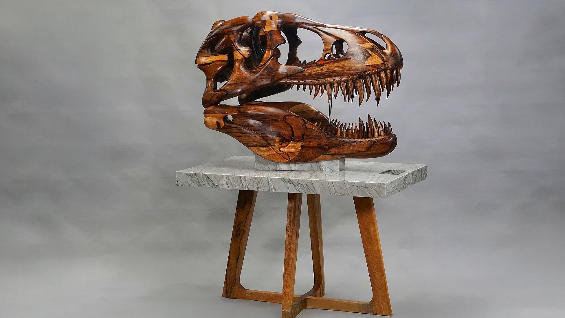 Life-size T-Rex skull carved from solid wood!