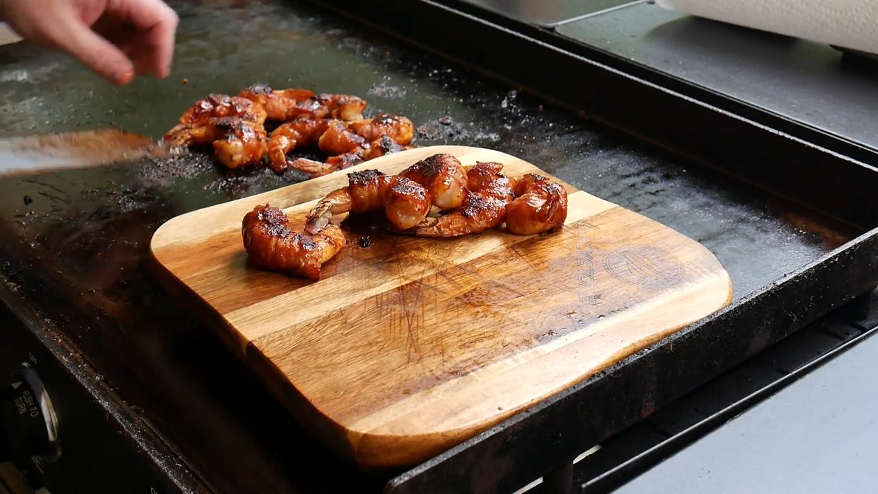 Bacon wrapped shrimp on the Blackstone griddle