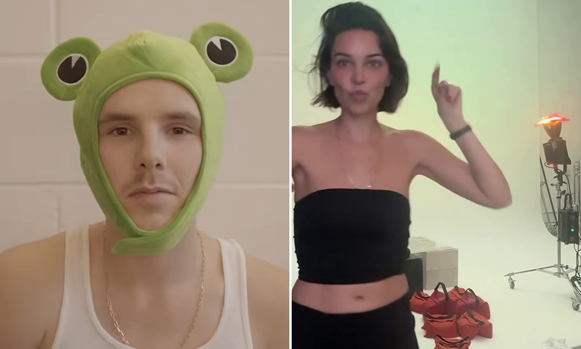 Cruz Beckham strips off into a vest and a quirky frog hat as he ...