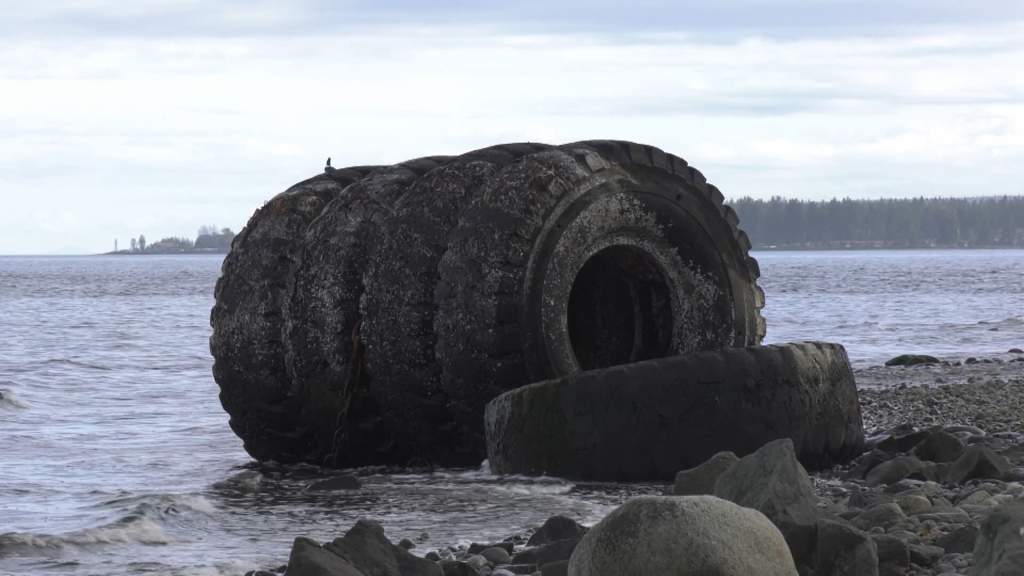 Giant tires wash up on B.C. beach but no one knows where they came from