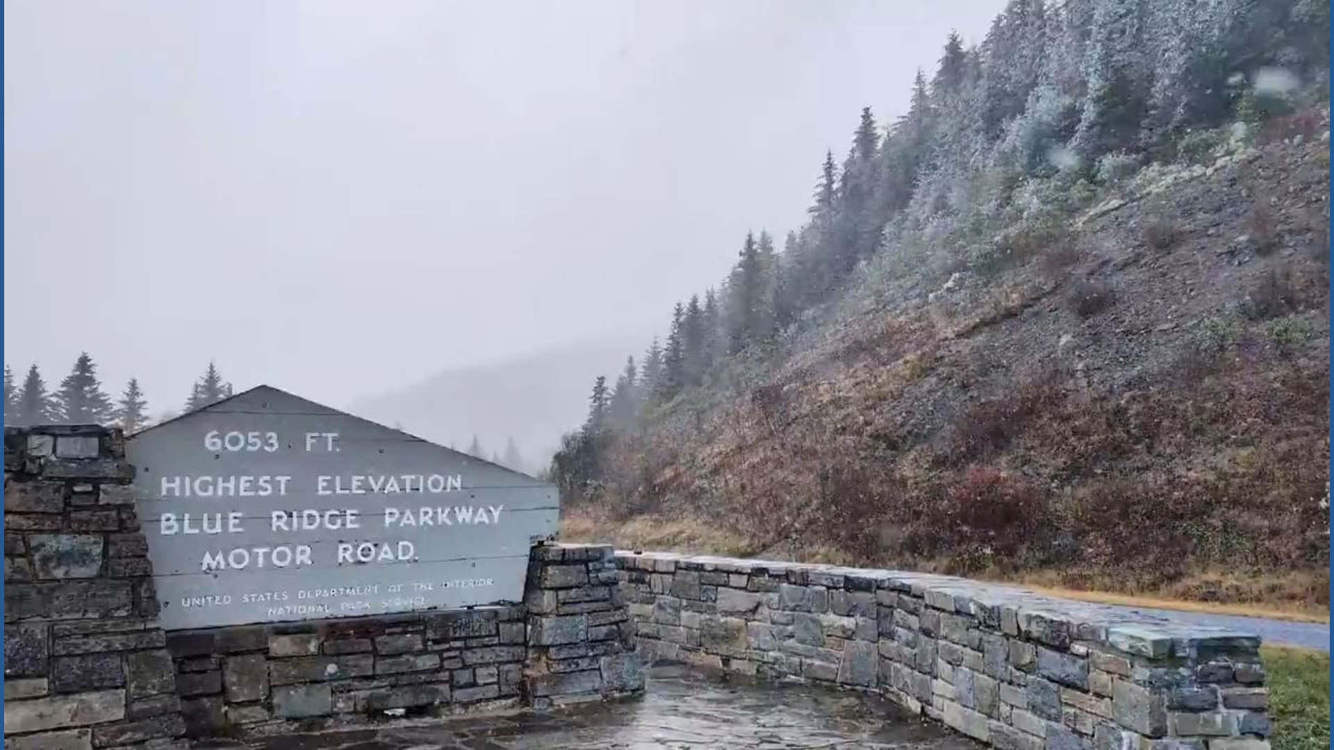 Snow falling on the Blue Ridge Parkway