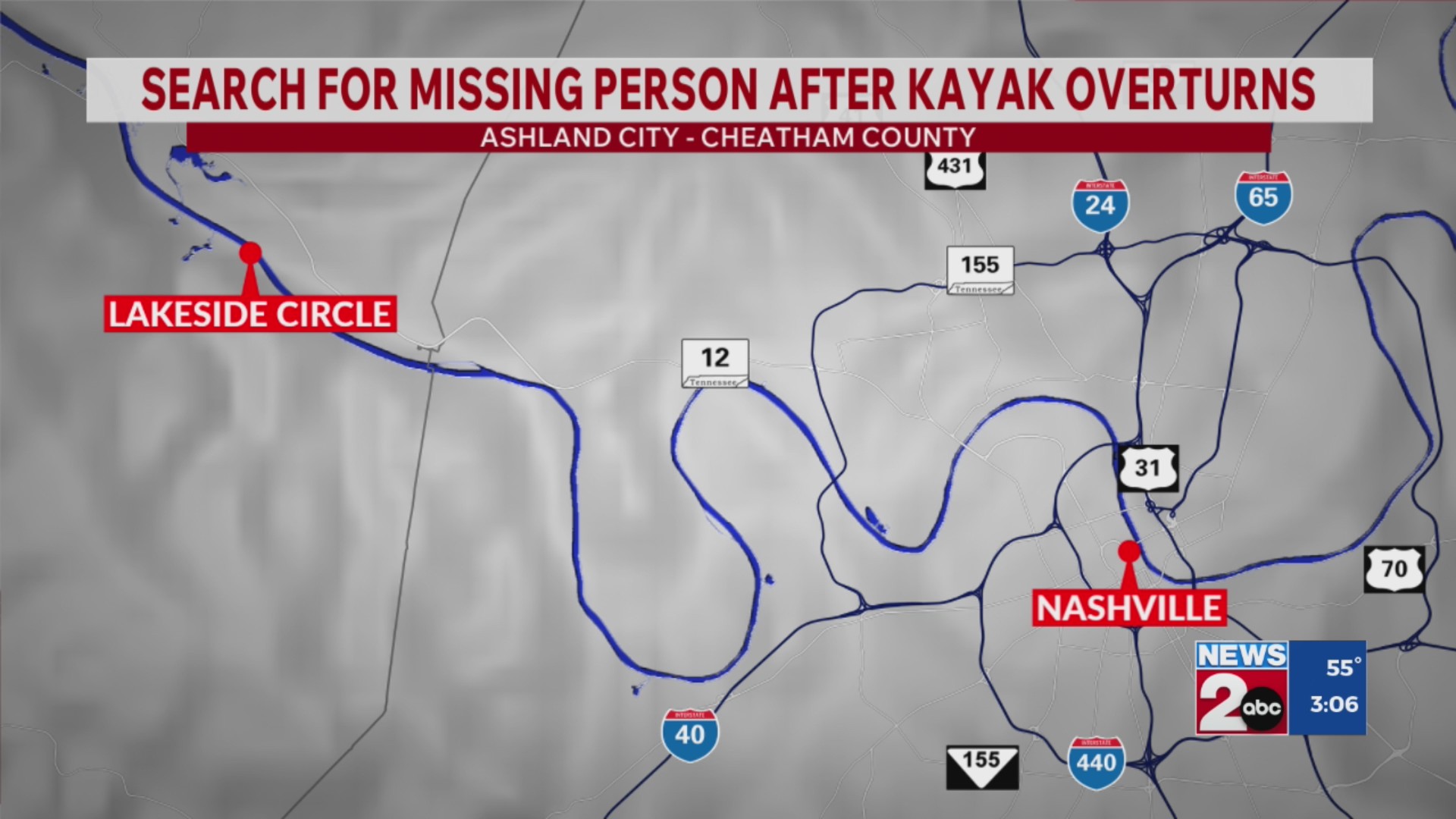 Search for missing person after kayak overturns in Ashland City