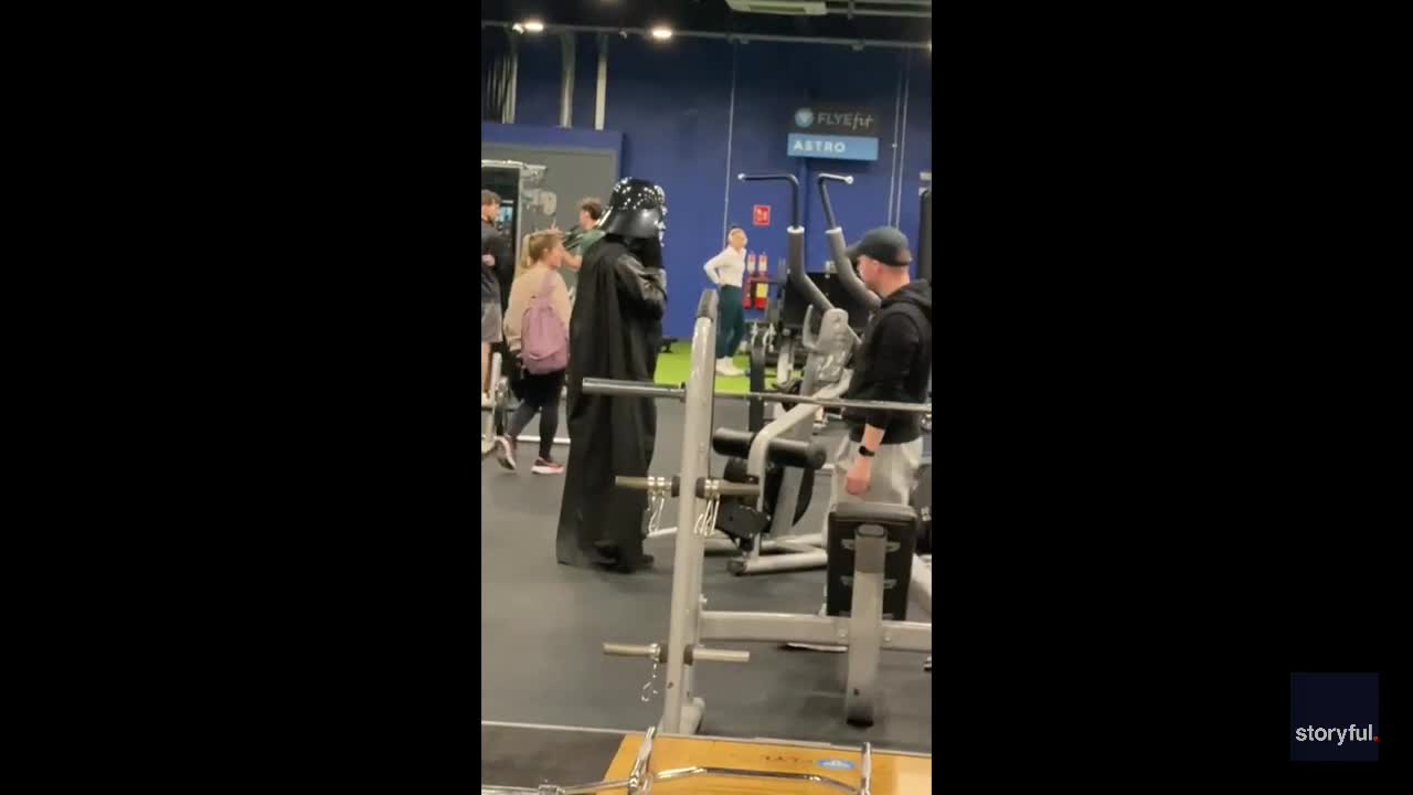 Man in Darth Vader Costume Hits the Gym