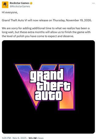 Take-Two shares slide after Rockstar pushes GTA VI launch to late 2026