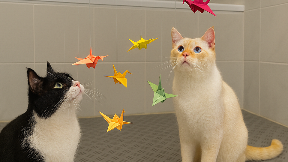 Katten Gefascineerd door Zwevende Origami