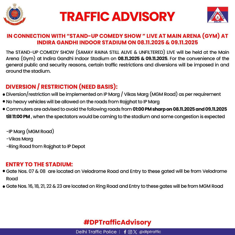 Delhi traffic police advisory for Samay Raina comedy show: Road ...