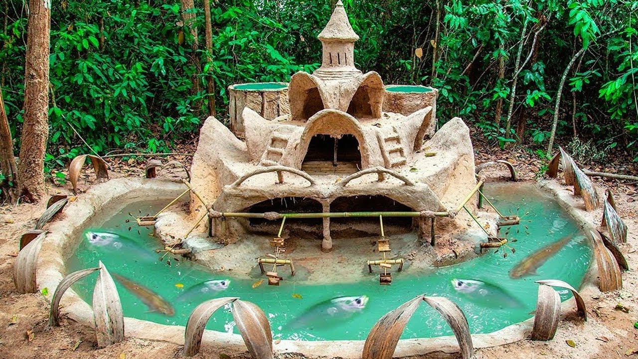Building a miniature jungle castle with flowing water & fish habitat!