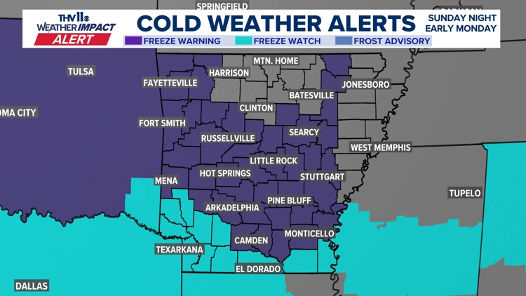 Freeze warning in effect for Central Arkansas on Sunday evening through ...
