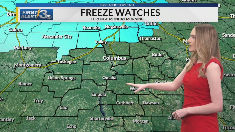 Cold front enters Sunday; Freeze watches already issued for Monday morning