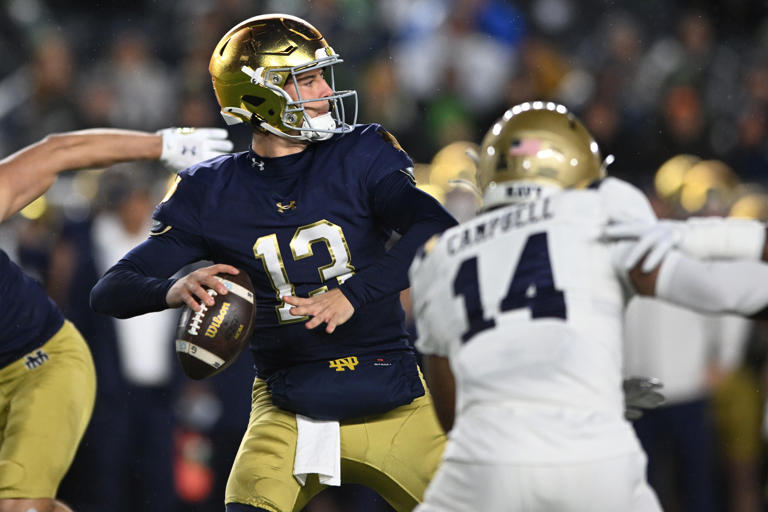 Carr throws 3 TD passes on snowy night to lead No. 10 Notre Dame past Navy, 49-10
