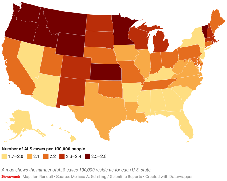 Map shows states with highest ALS rates—study has "surprising" hypothesis